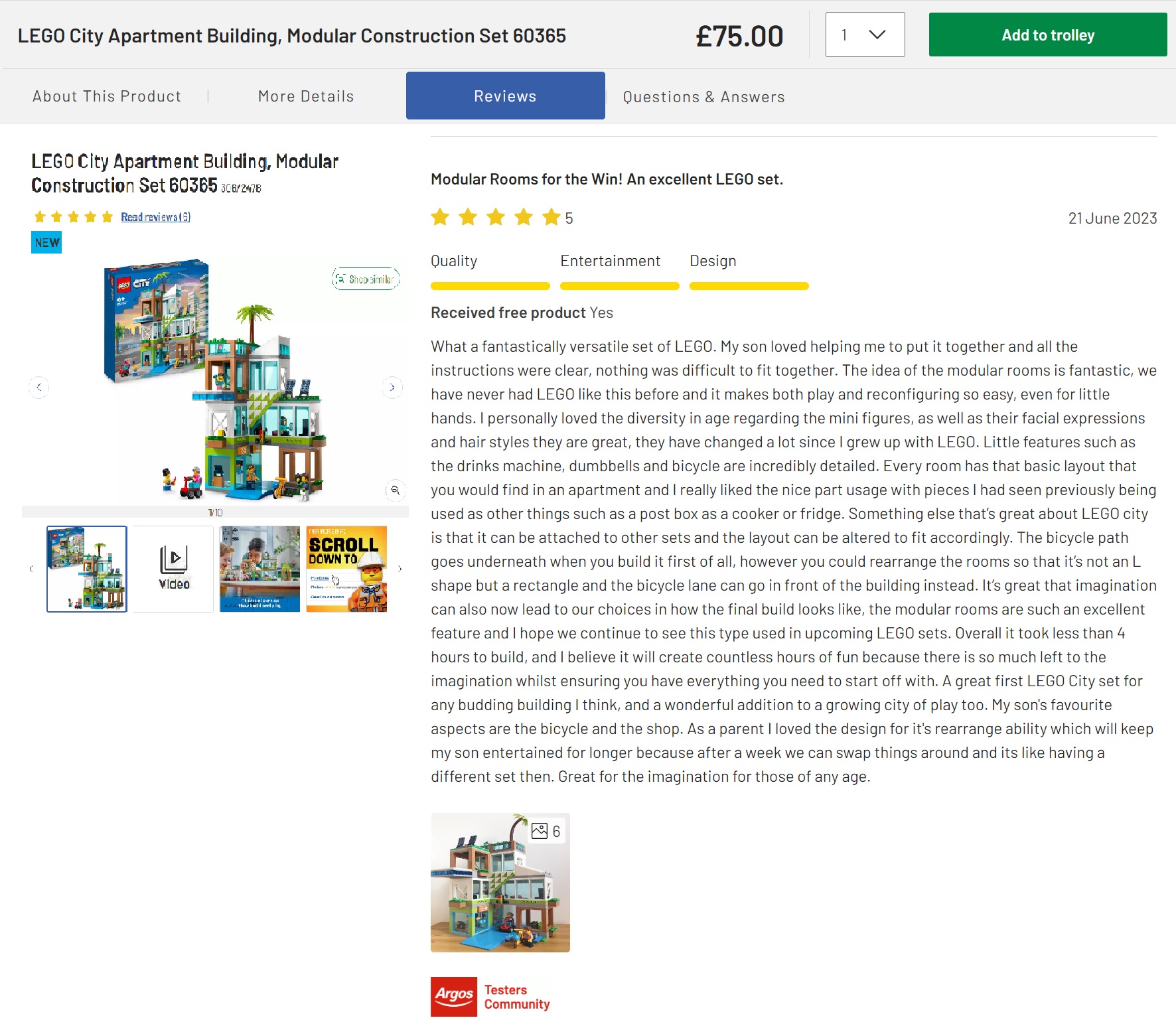 Argos Testers Product Review of LEGO City Set 60365 Apartment Building ...